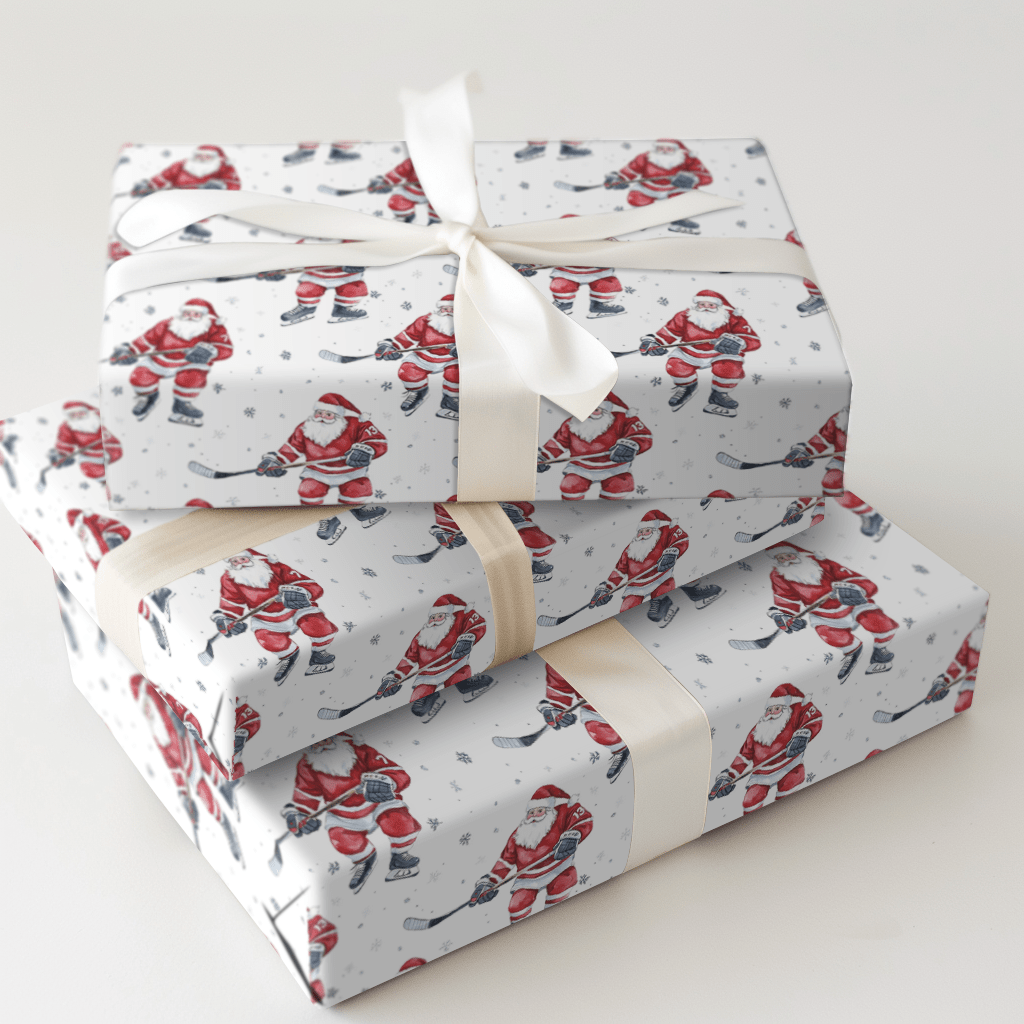 Jolly Puckster Wrapping Paper: Hockey Santa Gift Wrap – Aspen & Arlo