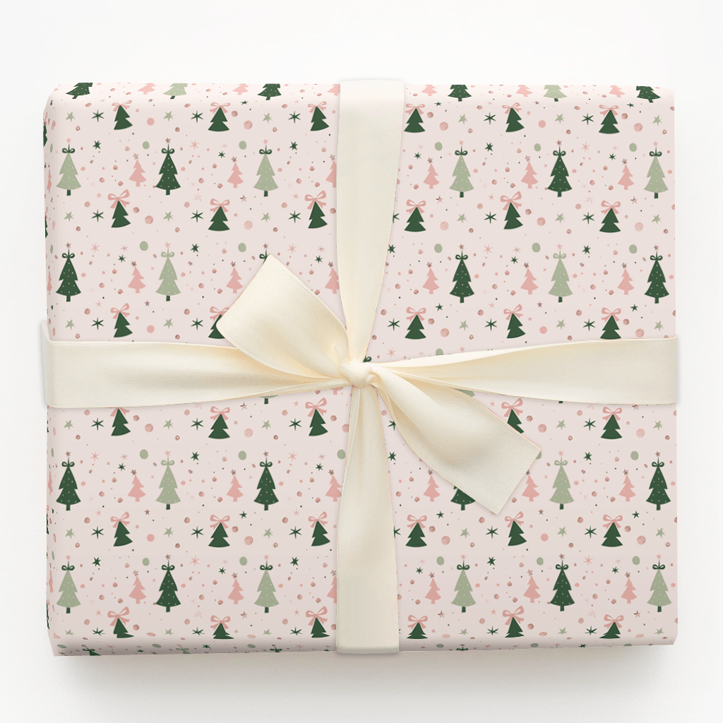 Bowtie Trees Wrapping Paper: Pink Christmas Tree Gift Wrap – Aspen & Arlo