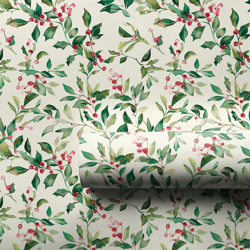 Merry and Holly Wrapping Paper: Christmas Floral Gift Wrap Wrapping ...