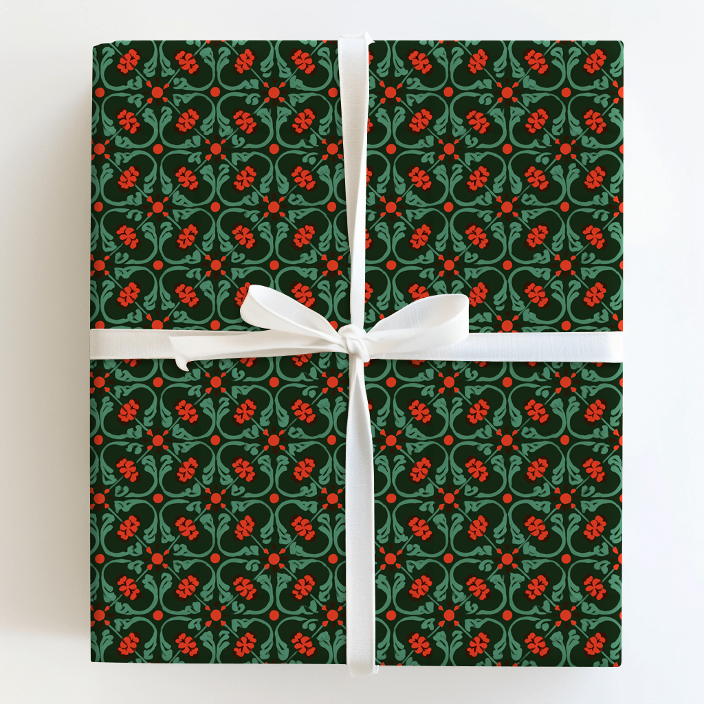 Mid Mod Mistletoe Wrapping Paper: Christmas Gift Wrap in Green and Red ...
