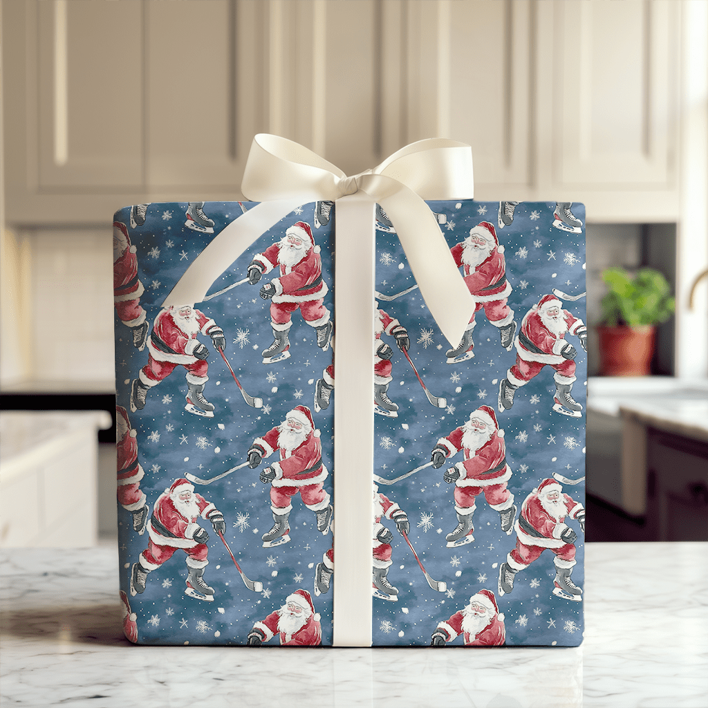 Rinkside Wrapping Paper: Hockey Santa Christmas Gift Wrap – Aspen & Arlo