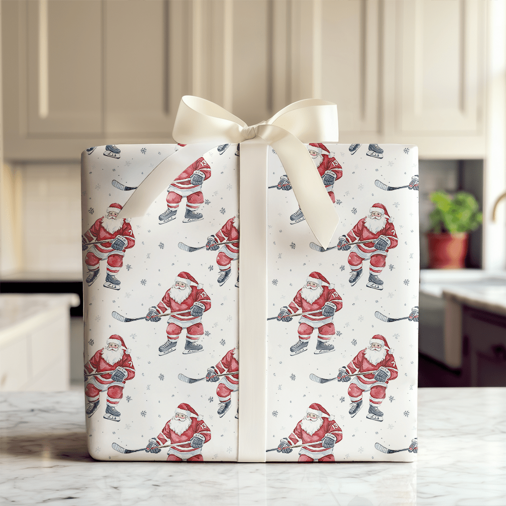 Jolly Puckster Wrapping Paper: Hockey Santa Gift Wrap – Aspen & Arlo