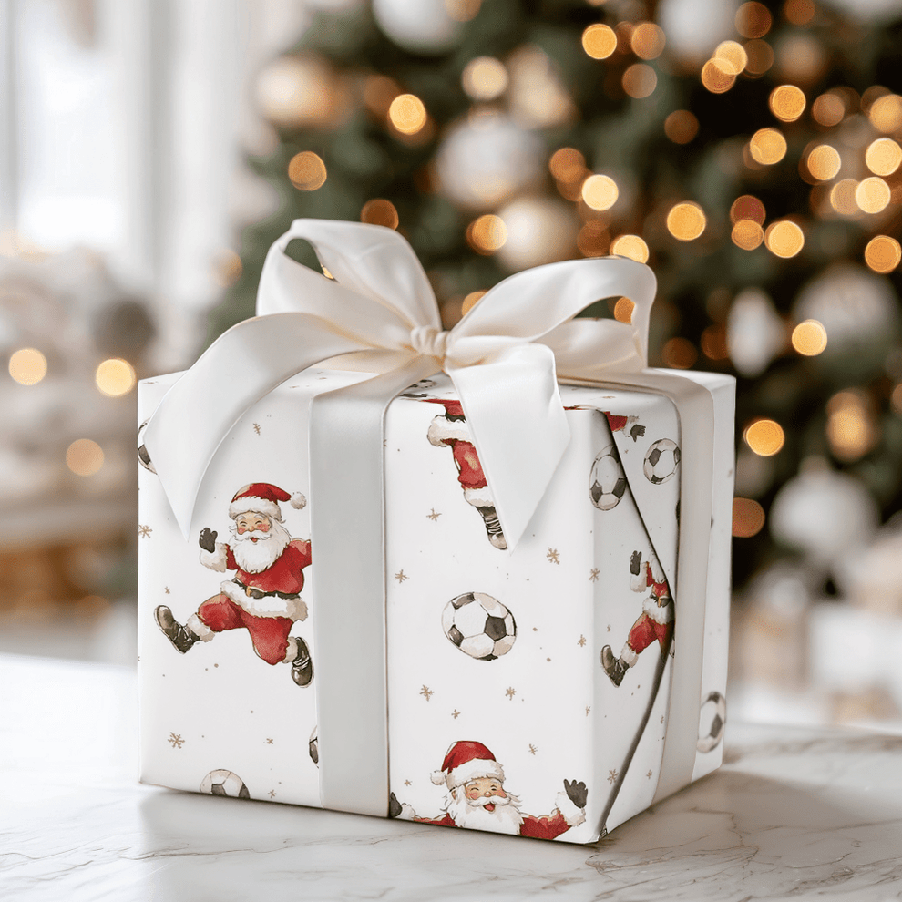 Santa's Free Kick Wrapping Paper: Christmas Soccer Gift Wrap – Aspen & Arlo