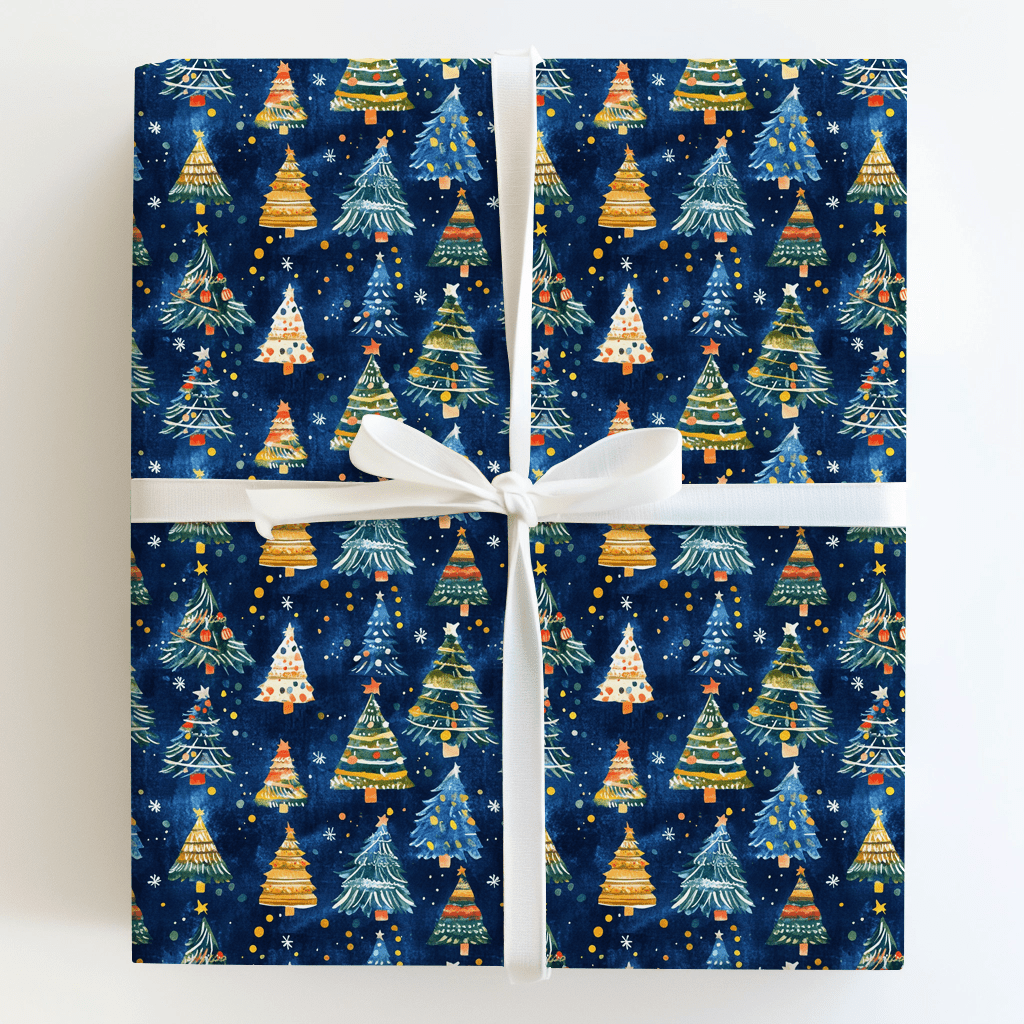 Blue Christmas Wrapping Paper: Classic Christmas Tree Gift Wrap – Aspen ...